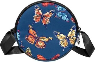 Generic Sac &agrave; bandouli&egrave;re rond pour femme, motif papillon, fleurs, petit sac &agrave; bandouli&egrave;re avec fermeture &eacute;clair, bretelles r&eacute;glables, sac &agrave; main rond d&eacute;contr