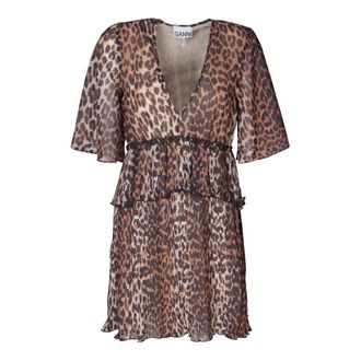 Ganni Femme, Robes, Brun, Taille: 36 FR Mini-robe Georgette &agrave; col en V