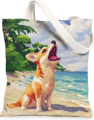 Generic Sac fourre-tout d&eacute;t&eacute; en toile pour faire du shopping, 33 x 38,1 cm, motif chiot c&ocirc;tier de plage, sac d&eacute;picerie r&eacute;utilisable pour femme, animal de comp