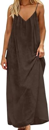 Generic Robe longue d&eacute;contract&eacute;e &agrave; bretelles spaghetti pour femme - Dos nu - Coupe ample et fluide avec poches - Couleur unie - Pour l&eacute;t&eacute;, la plage, les vacan