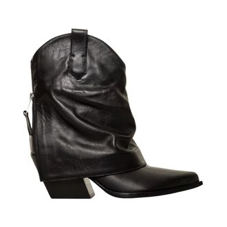 Elena Iachi Botte Texane en Cuir &agrave; Revers - Femme - Chaussures - Noir - Taille: 36 EU