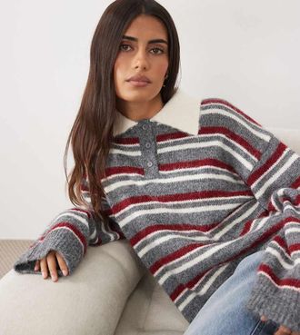 the frolic exklusiver gestrickter Rugby-Pullover mit Kragen und langen &Auml;rmeln in Rot gestreift-Multi