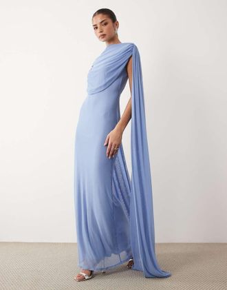 Asos Robe longue en tulle avec foulard d&eacute;tail drap&eacute; - Bleu