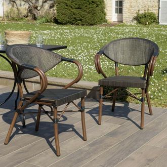 Macabane VIANNEY - Lot de 2 chaises de jardin bistrot en acier textil&egrave;ne marron