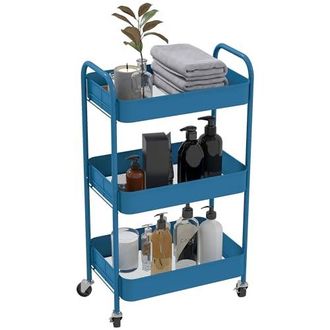 HOMCOM Desserte Chariot de Rangement en Acier Chariot de Service &agrave; roulettes 3 Niveaux Plateaux ajour&eacute;s - 45 x 30,6 x 79 cm - Bleu fonc&eacute;