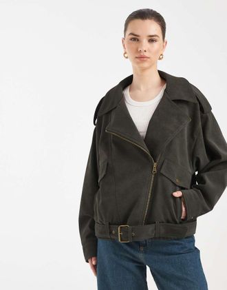 Asos Blouson style motard oversize en similicuir - Kaki-Vert