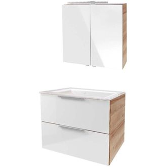 Fackelmann b. brillant Badm&ouml;bel Set 3-teilig 80 cm, Wei&szlig; Glas/Braun hell, Glas Wei&szlig;+Spiegelschrank-90314145