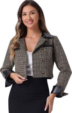 Allegra K Vestes Courtes en Tweed pour Femme avec col à Revers contrasté et Blazer à Carreaux Vintage à Double Boutonnage Kaki M