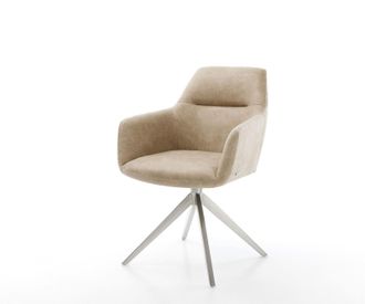 DELIFE Drehstuhl Pejo-Flex Mikrofaser Beige Vintage Kreuzgestell breit Edelstahl 360&deg; drehbar Wippfunktion Taschenfederkern, Esszimmerst&uuml;hle