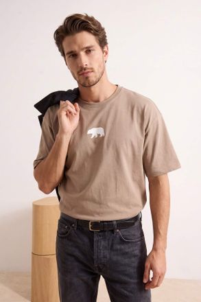 Trendyol MAN Herren Beige Animal-Print Kurz Oversize T-Shirts