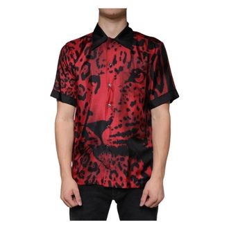 Dolce & Gabbana Rotes Leoparden Seidenknopfhemd - - Shirts - Herren - Rot - XS