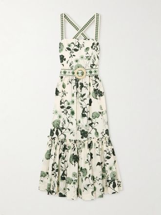 Cara Cara Julietta Midikleid Aus Baumwollpopeline Mit Blumenprint, R&uuml;schen Und G&uuml;rtel - Creme