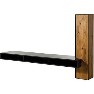 Massivmoebel24 Ensemble meuble tv 234x49x140 en bois de ch&ecirc;ne sauvage naturel huil&eacute; / noir laqu&eacute; starnberg 07