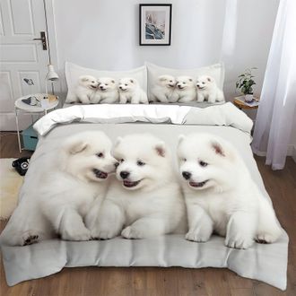Generic Tier Samojede Bettbezug Set 220x240 cm für Kinder Weiß Bettwäsche Jungen Mädchen Weich Atmungsaktiv Microfaser Betten Set mit Reißverschluss