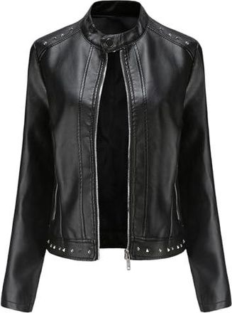 Generic Veste en similicuir pour femme - Coupe ajust&eacute;e - Matelass&eacute;e - Manches longues - Col &agrave; revers - Coupe ajust&eacute;e - Fermeture &eacute;clair - Manteau de motard, N