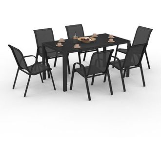 IDMarket Salon de jardin MADRID table 150 CM et 6 chaises empilables noir