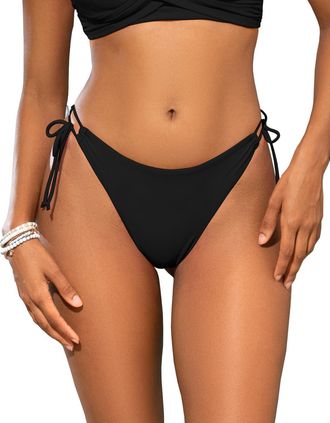 SHEKINI Damen Tie Side Bikini Bottom Hochgeschnittener Brasilianischer Tanga Ger&uuml;schter R&uuml;cken Badeanzug Bottoms(XL,Schwarz)