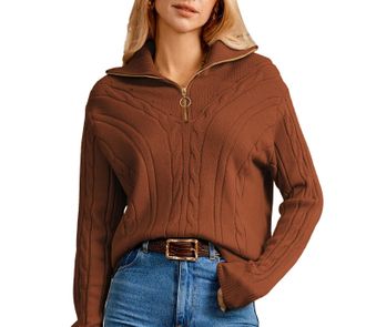 Grace Karin Damen-Pullover mit Langen Ärmeln und Viertelreißverschluss Lässig Modisch mit Reverskragen Braun XL