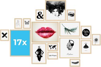 Photolini Bilderrahmen Set verschiedene Gr&ouml;&szlig;en, 17 Bilderrahmen Holz MDF Natur, Bilder Rahmen mit Acrylglas, Bilderrahmenset zum Aufh&auml;ngen, Fotorahmen Set mit Z