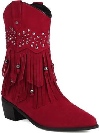 Generic Bottines western cowgirl pour femme avec pampilles clout&eacute;es d&eacute;coratives, larges mollets dhiver, chaussures habill&eacute;es r&eacute;tro pour lhiver, Rouge, 37.5 EU