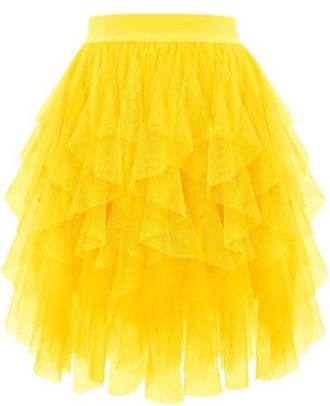 Generic Jupe midi pour femme, jupe trap&egrave;ze, jupe superpos&eacute;e en maille, taille haute &eacute;lastique, jupes dHalloween en cuir synth&eacute;tique, jaune, S