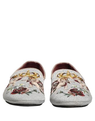 Dolce & Gabbana Mens Gray Crown Rose Angel Embroidery Loafer Shoes Leather