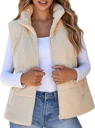 Generic Gilet bouffant court en velours c&ocirc;tel&eacute; pour femme, l&eacute;ger, col montant, sans manches, fermeture &eacute;clair, v&ecirc;tements tendance 2024, grande taille, beige, 