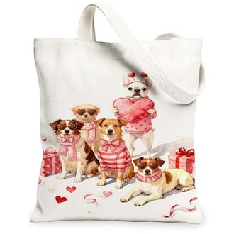 Generic Sacs fourre-tout en toile pour la Saint-Valentin, motif animal mignon, sacs d&eacute;picerie r&eacute;utilisables, l&eacute;gers et lavables avec bandouli&egrave;re C, blanc, 13x