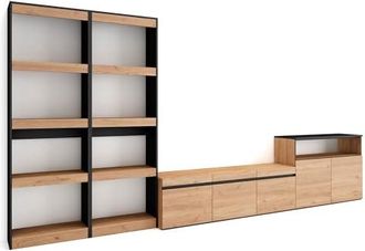 Skraut Home | Wohnwand Wohnzimmer | Wohnzimmerm&ouml;bel, M&ouml;belset | 370x186x35cm | F&uuml;r TV-Ger&auml;te bis zu 65 | Wohnzimmer M&ouml;bel | Moderner Stil | Eiche Schwarz