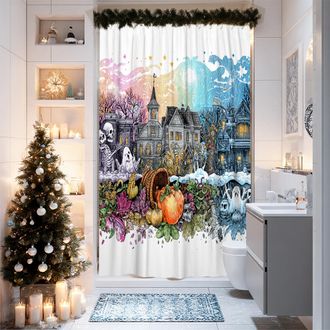 Generic Kürbisstall Duschvorhang, Halloween, Gothic, Skelett, Geist, Halloween, Orange, wasserdichter Stoff, Badewannentuch, Vorhänge, Dekoration für Badezimm