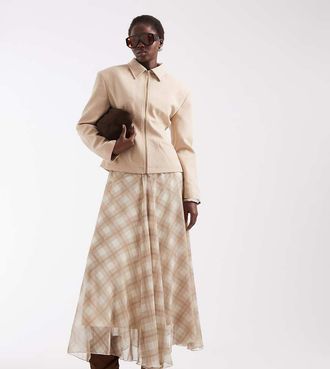 Vero Moda Tall jupe midi asym&eacute;trique taille haute &agrave; carreaux pierre-Neutre