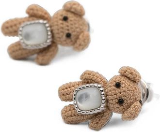 Yvmin Teddy-Bear Motif Mother-of-Pearl Earrings - Silver