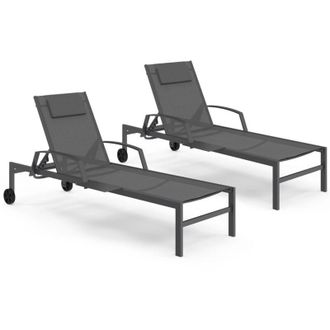 IDMarket Lot de 2 transats de jardin inclinables JAVA avec tablettes en acier gris et toile grise