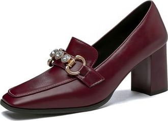 Generic MiaZane Escarpins Femme Cuir PU Bout Carr&eacute; Talon Bloc D&eacute;tail Cha&icirc;ne M&eacute;tal Cristal Slip on Mocassins Chaussures de Bureau Travail Habill&eacute;es,Rouge,36 EU