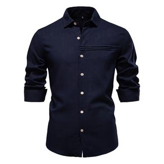 Generic Chemise habill&eacute;e en coton et lin pour homme - Manches longues - Col rabattu - Style d&eacute;contract&eacute; - Uni - Pour le travail et le bureau - Sans plis, bleu