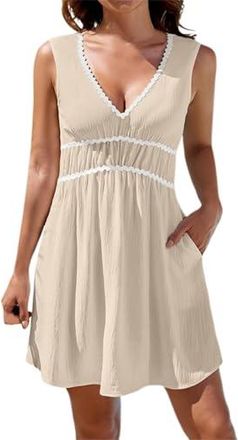 Generic Cache-maillot de bain pour femme - Robe d&eacute;t&eacute; avec poches - Robe d&eacute;t&eacute; boh&egrave;me pour vacances de plage - Robe ample pour les vacances - Essentiels de vaca