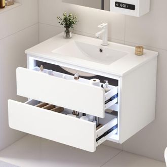 Elbe Meuble de Salle de Bain Mural 76x46x48,5 cm - Enti&egrave;rement Laqu&eacute;, LED avec D&eacute;tecteur de Mouvement - 2 Tiroirs Silencieux, Vasque Int&eacute;gr&eacute;e - Blanc