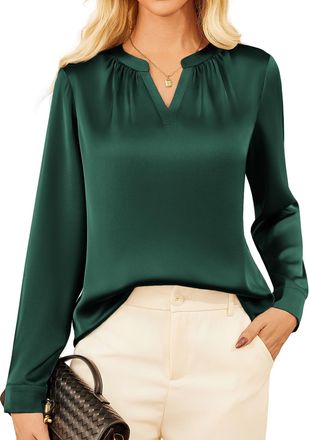 Grace Karin Bluse Damen Elegante Business Top Blusen Langarm Henley V-Ausschnitt Arbeitsbluse Casual Oberteile Shirt Oberteile Damen Herbst Gr&uuml;n L