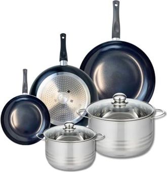 Fackelmann ELO 9747950 Batterie de cuisine 5 pi&egrave;ces, Ensemble de 3 Po&ecirc;les de cuisson 20, 28 et 32 cm et 2 faitouts 20 et 24 cm Elo Prima Brillant, inox, inductio