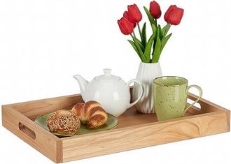 Relaxdays Serviertablett, Holz & MDF, HxBxT: 5 x 55 x 35 cm, Essenstablett mit Griffen, hoher Rand, rechteckig, Natur