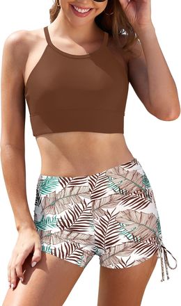 SHEKINI Damen 2-teilige Badeanz&uuml;ge Crisscross Bikini Top Bauchkontrolle Seite Krawatte Boyshorts(XL, Kupfernes Braun)
