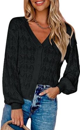 Dokotoo Gilet Femme Cardigan L&eacute;ger &agrave; Col en V Gilets &Eacute;t&eacute; Chic &Eacute;l&eacute;gant &agrave; Manches Longues Veste Tricot avec Boutons, Noir, 2XL