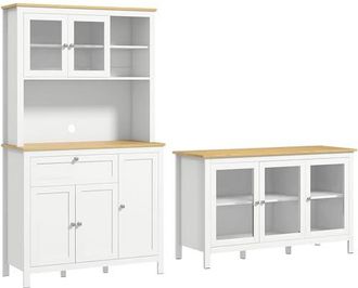 HOMCOM Buffet de Cuisine Haut + Meuble Bas de Rangement - Portes vitr&eacute;es, &eacute;tag&egrave;res r&eacute;glables, tiroir, Niche et Passe-c&acirc;ble - Blanc, Bois Naturel