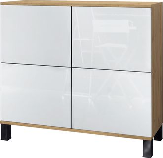 Vladon Kommode Rova V3, Moderner K&uuml;chenschrank mit 4 Push-to-Open T&uuml;ren Eiche Evoke/Wei&szlig; Hochglanz (92,5 x 84.5 x 35)