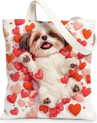 Generic Shih Tzu Sac fourre-tout en toile pour le shopping Motif chien 33 x 38 cm, sac d&eacute;picerie r&eacute;utilisable pour la Saint-Valentin, sac d&eacute;picerie pour femme