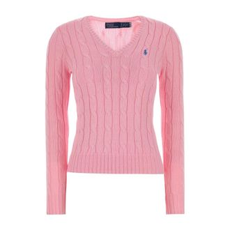 Polo Ralph Lauren Pull en coton &agrave; col V et torsades - Femme - Pulls - Rose - Taille: 36 FR