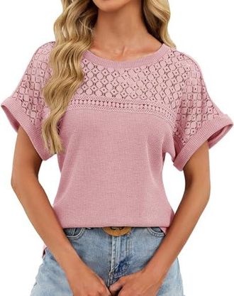 Generic Chemisier d&eacute;contract&eacute; &agrave; manches courtes et col rond pour femme | Chemise d&eacute;t&eacute; l&eacute;g&egrave;re textur&eacute;e pour un usage quotidien, le bureau, les vacances d&eacute;contr