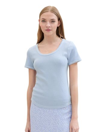 Tom Tailor Damen Basic T-Shirt mit Ripp, dusty cornflower, S