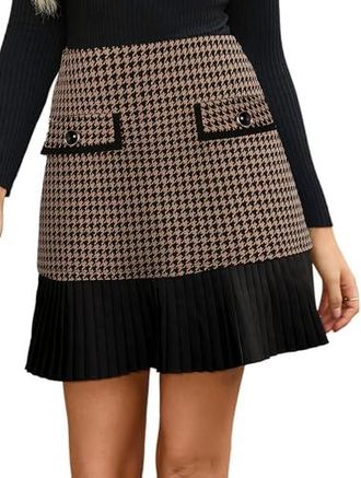 Kate Kasin Jupe femme taille haute pliss&eacute;e en tweed &agrave; carreaux, mini jupe courte &agrave; carreaux, pour les loisirs, &eacute;l&eacute;gante mini jupe courte, d&eacute;coration pour sacs, X