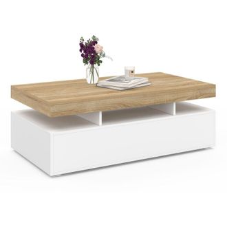 IDMarket Table basse rectangulaire ELSA 2 tiroirs en bois blanc et plateau fa&ccedil;on h&ecirc;tre